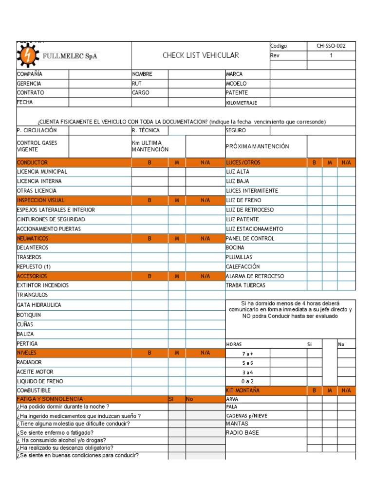 Check List Vehiculo General | PDF | Dormir | Neumático Check List Vehiculo General | PDF | Dormir | Neumático
