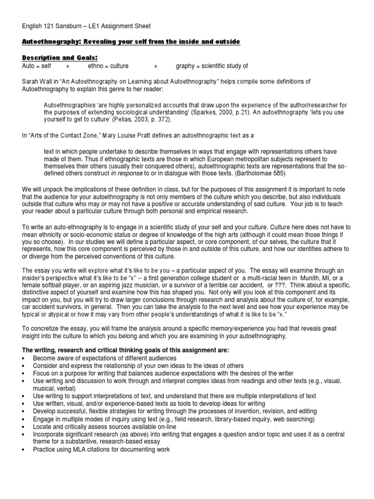 Autoethnography Instructions 2014 | PDF | Essays | Cognitive Science