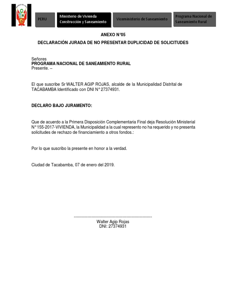 Anexo 5 Declaracion Jurada | PDF