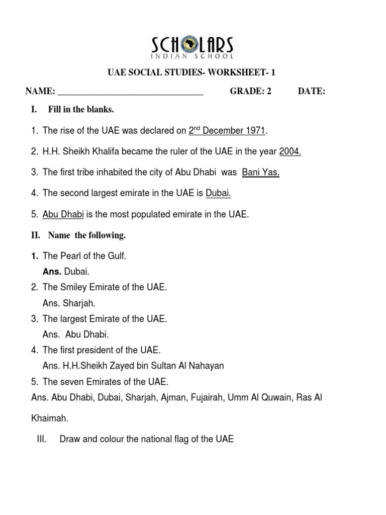 Uae Social Studies-Worksheet - 1 NAME: - Grade: 2 Date: I. Fill in The ...