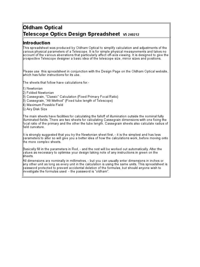 Oldham Optical Telescope Optics Design Spreadsheet | PDF | Optics ...