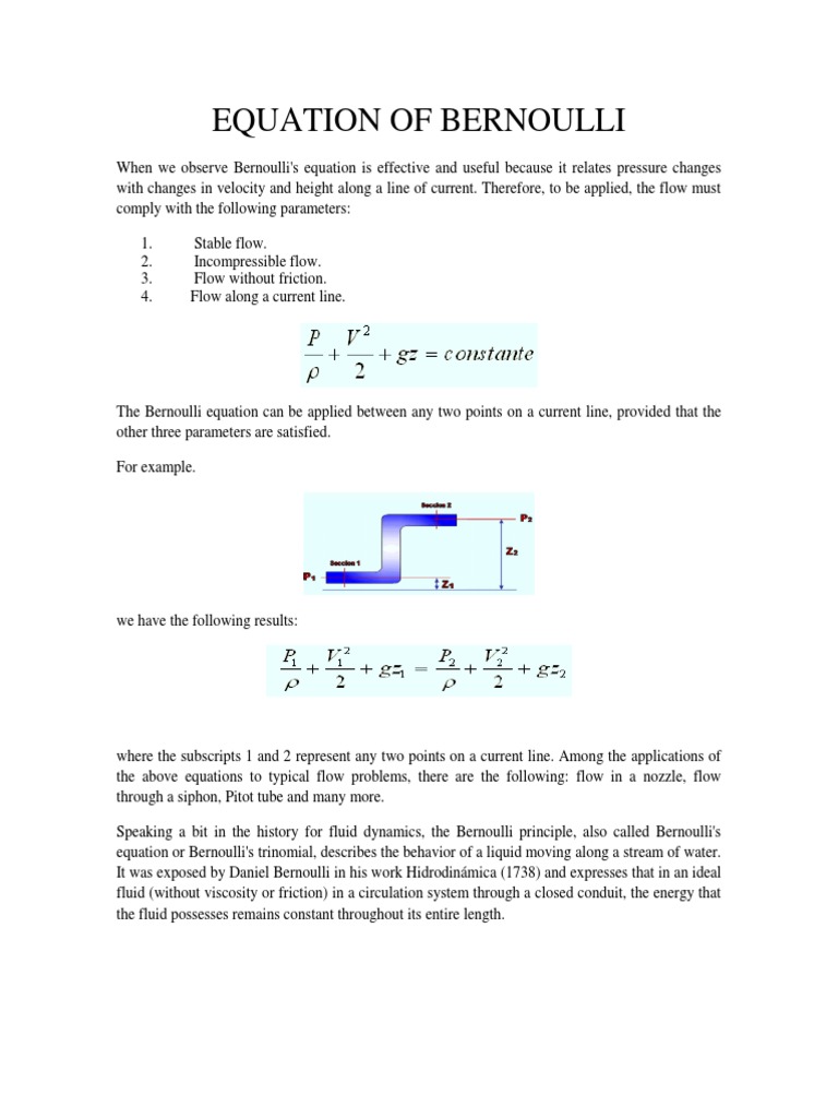 Applications and Parameters of Bernoulli's Equation for Incompressible ...