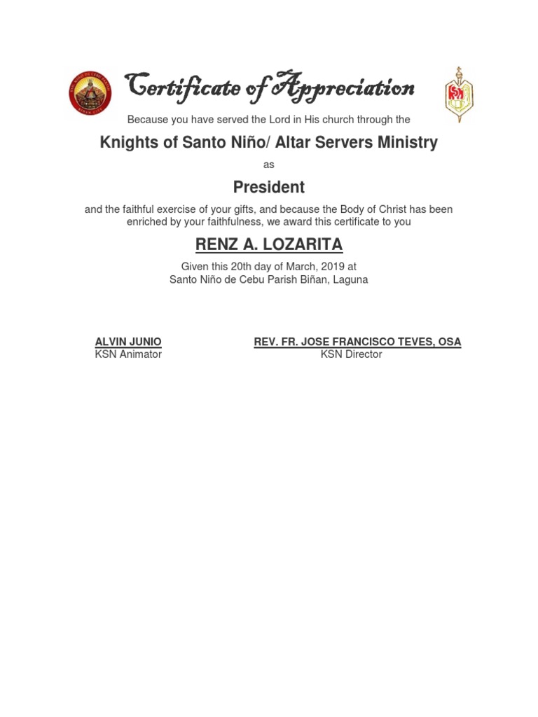 Certificate of Appreciation: Knights of Santo Niño/ Altar Servers ...