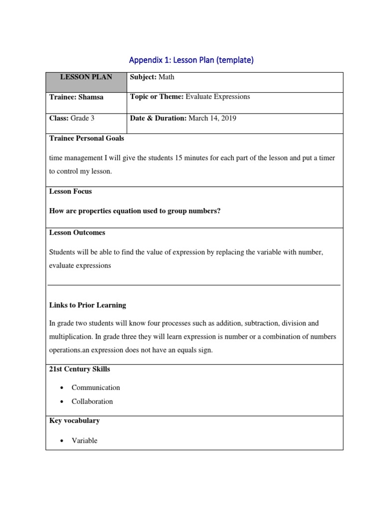 Appendix 1: Lesson Plan (Template) | PDF | Lesson Plan | Teachers