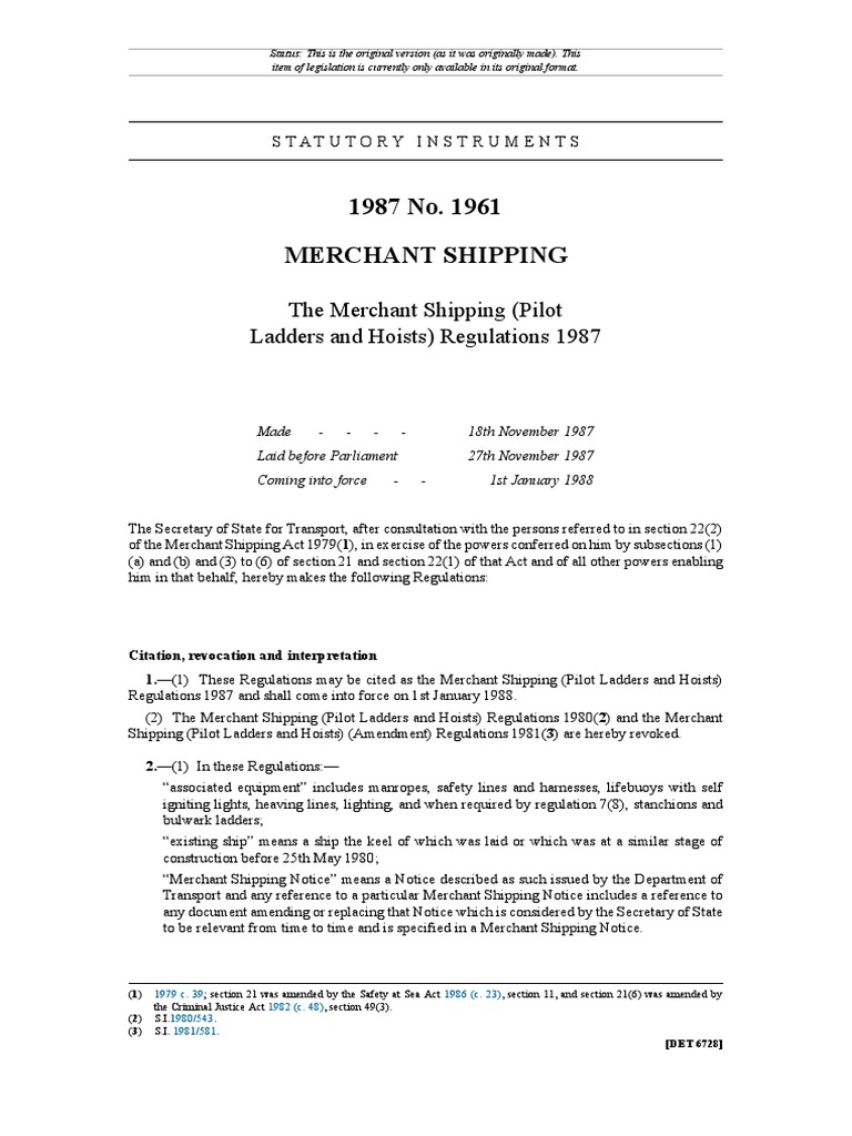 The Merchant Shipping Pilot Ladders and Hoists Regulations 1987 | PDF ...