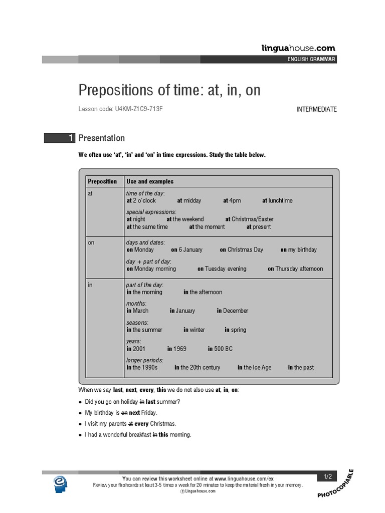 Prepositions of Time at in On | PDF | Observances