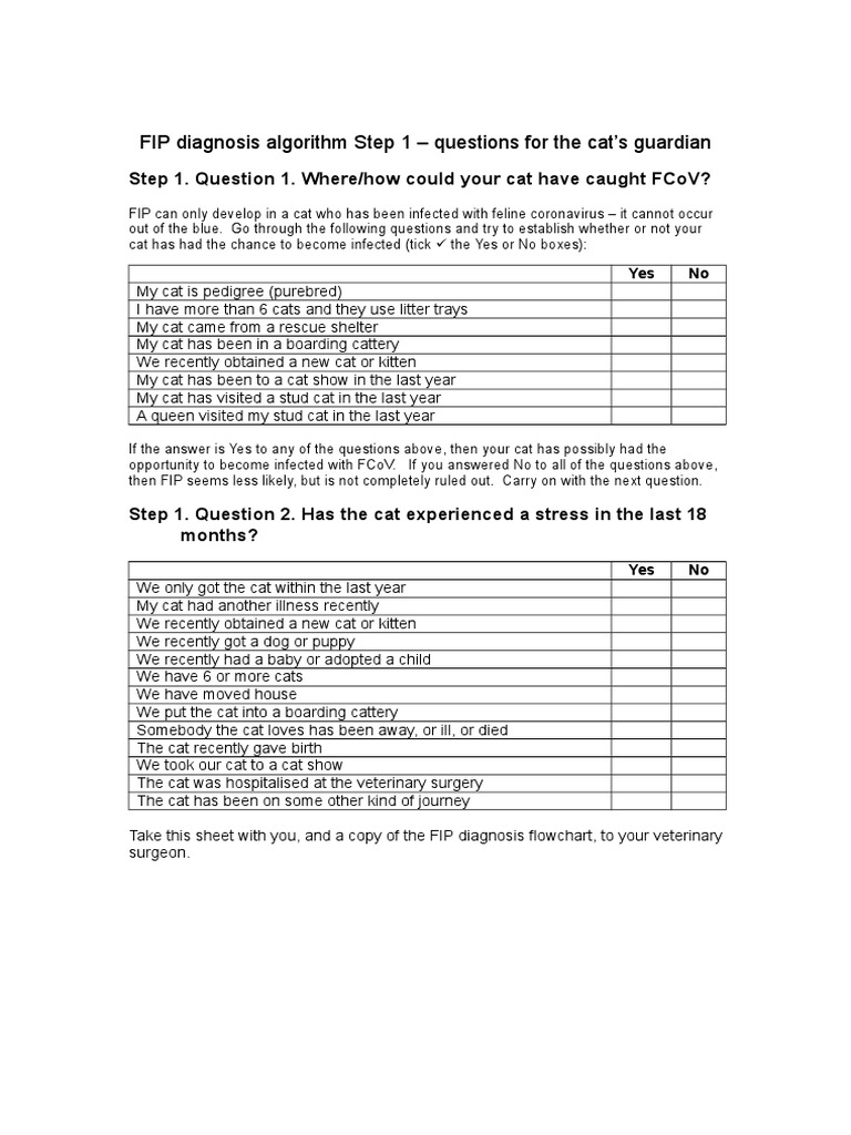 FIP Diagnosis Algorithm Step 1 - Questions For The Cat's Guardian | PDF
