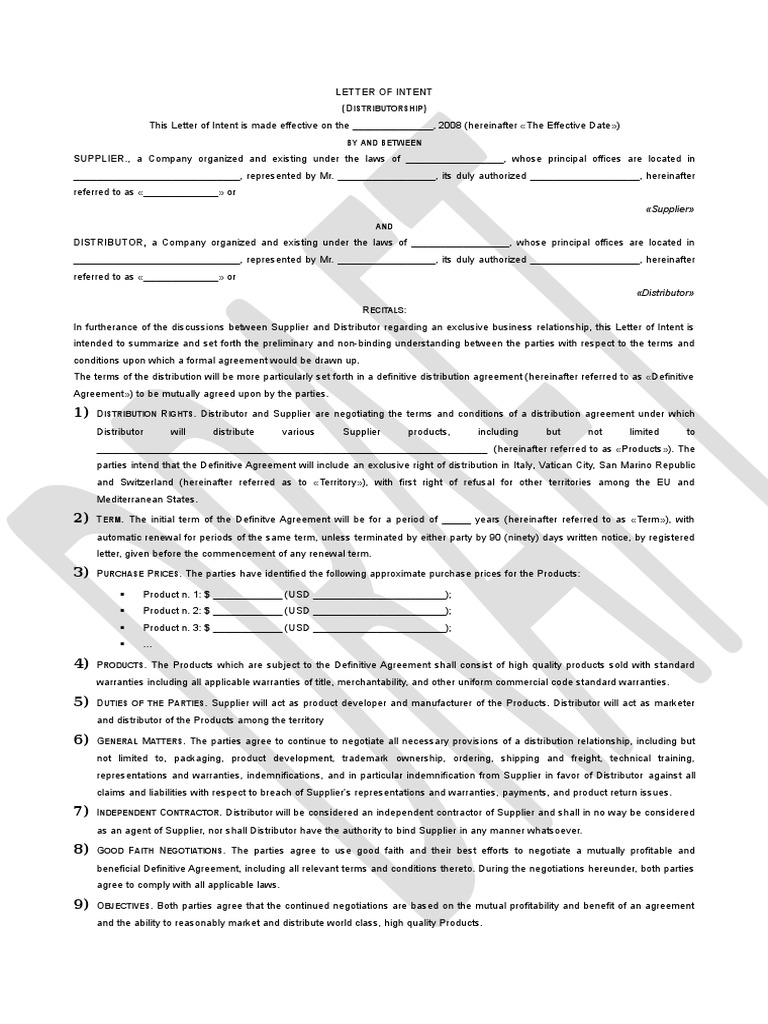 Letter of Intent For A Distributorship | PDF | Contractual Term | Civil ...