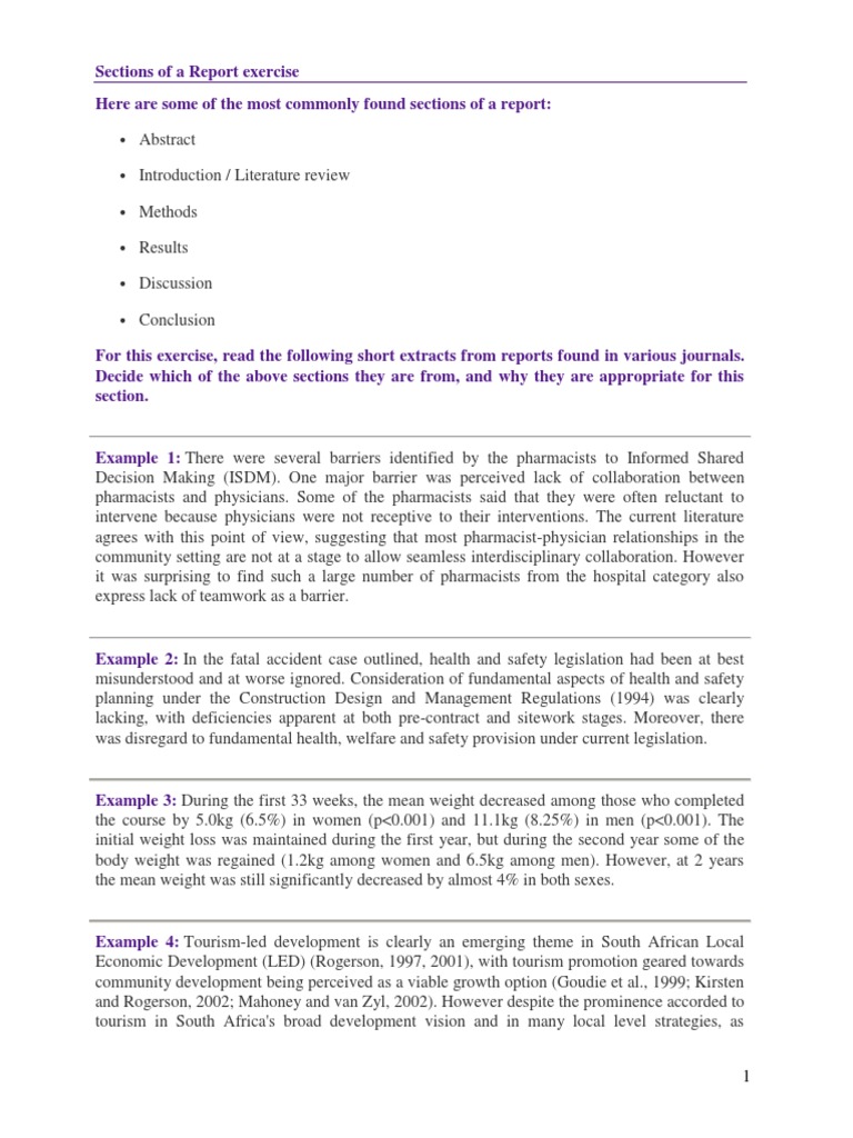 WORKSHEET 01 1 2 3 EXERCISE - Sections of A Report Exercise PDF ...