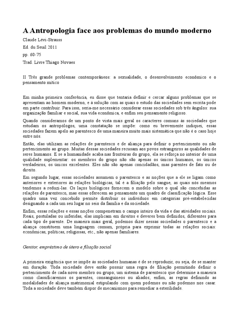 Lévi-Strauss - Antropologia Face Aos Problemas Do Mundo Moderno | PDF ...