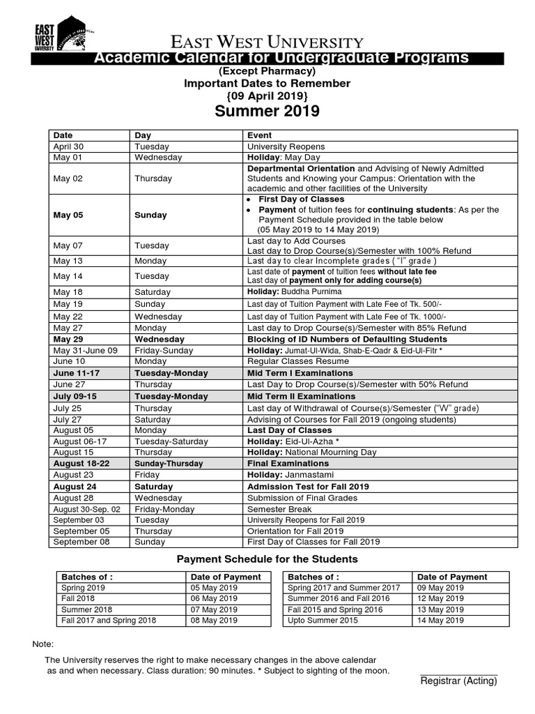 East West University Summer 2019 Calendar | PDF | Academic Term ...