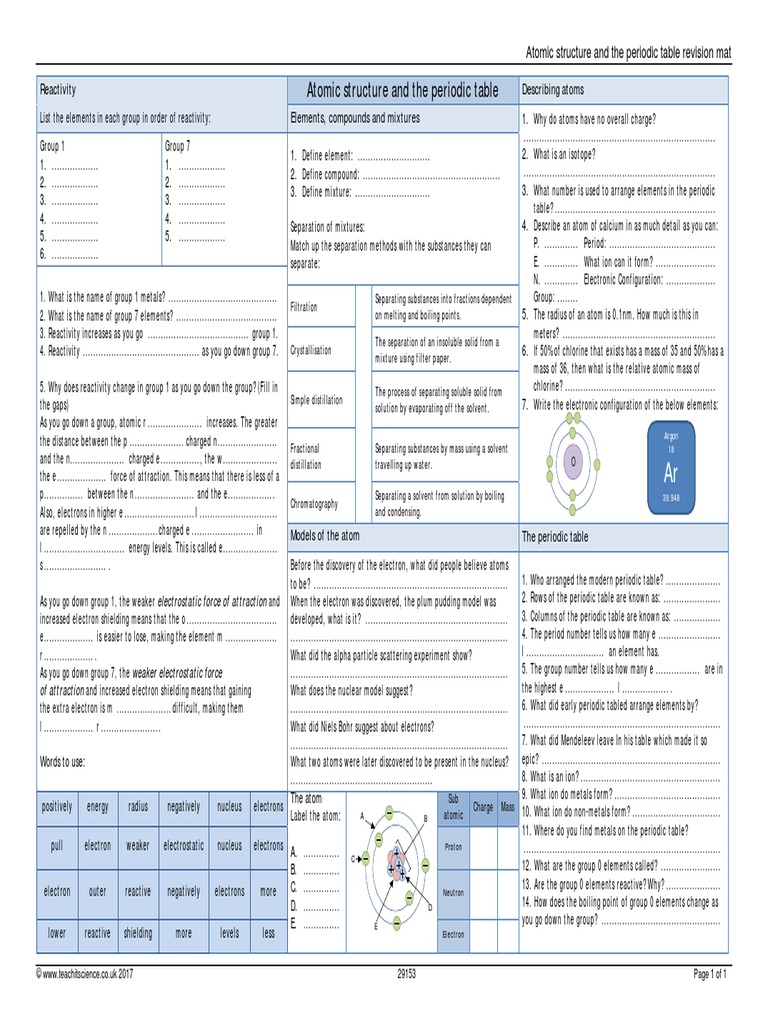 Atomic - Structure of The Periodic Table Worksheet | PDF | Periodic ...