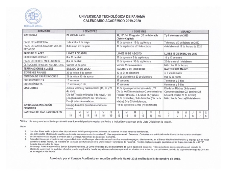 Utp Calendario Academico 2019 2020 PDF | PDF