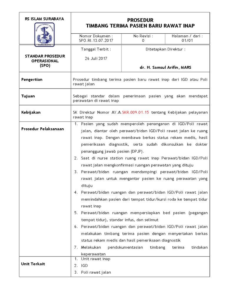 SPO Timbang Terima Pasien Baru Rawat Inap | PDF