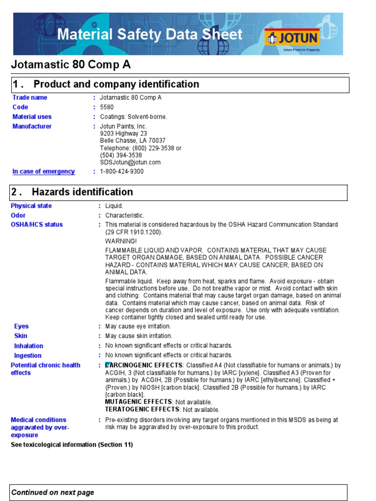 Jotamastic 80 Msds Comp A | PDF | Firefighting | Waste Management