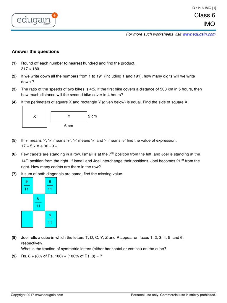 Class 6 IMO: Answer The Questions | PDF | Elementary Mathematics ...
