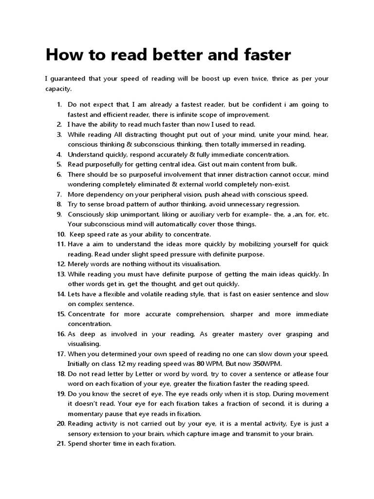 How To Read Better and Faster | PDF | Reading (Process) | Thought