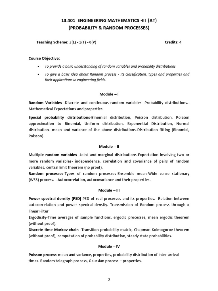 13.401 Engineering Mathematics - Iii (At) (Probability & Random Processes) | PDF | Digital ...