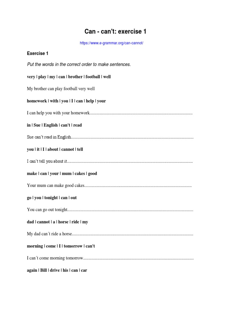 Can-Can't Sentence Order Exercise | PDF