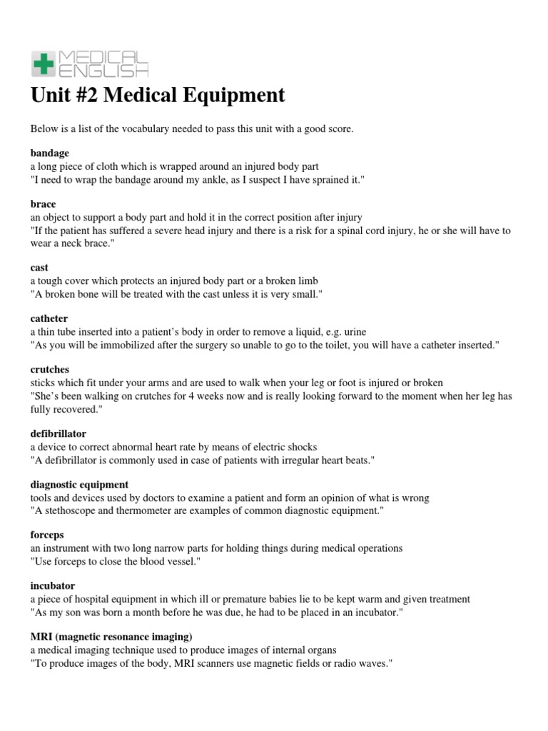 Unit #2 Medical Equipment: Bandage | PDF | Surgery | Magnetic Resonance ...