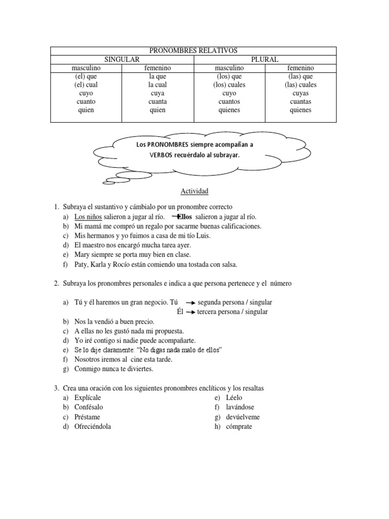 Ejercicios de Pronombre | PDF | Numero Gramatical | Sintaxis