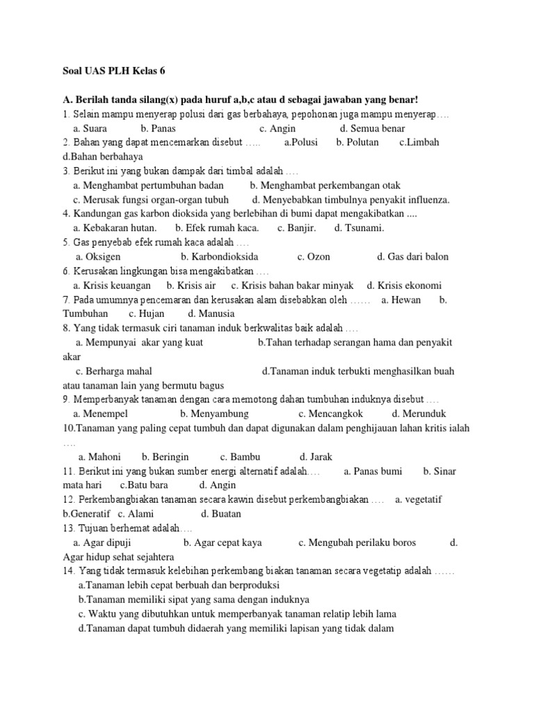 Soal UAS PLH Kelas 6 | PDF | Teknologi & Rekayasa