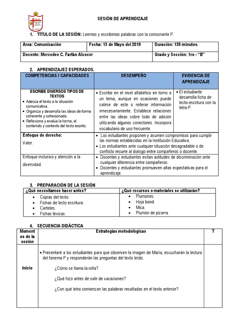 SESIÓN DE APRENDIZAJE COMUNICACIÓN - palabras con la consonante P..docx ...