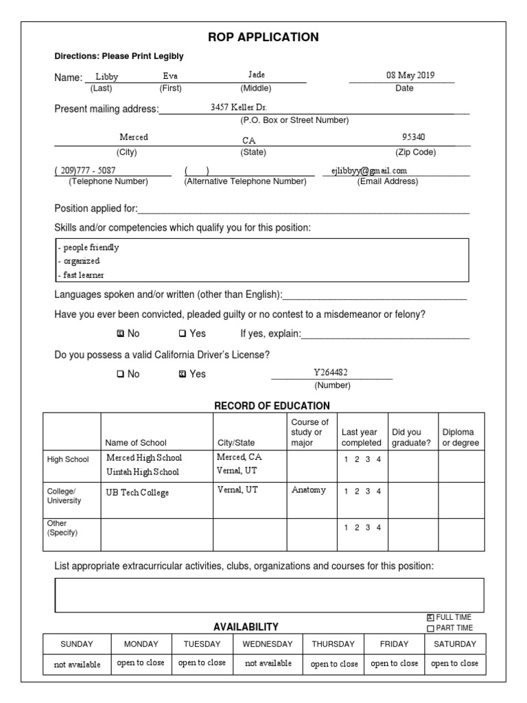 Kami Export - Microsoft Word - Rop Job Application With Availablity ...