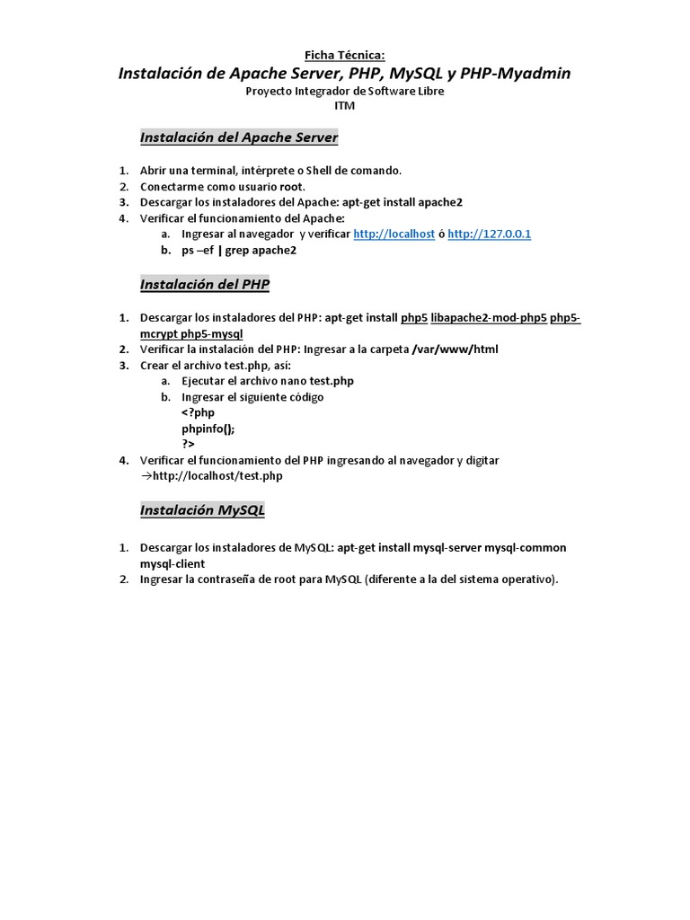 Ficha Técnica Apache, PHP, MySql y PhpMyAdmin | PDF | Php | Mi sql