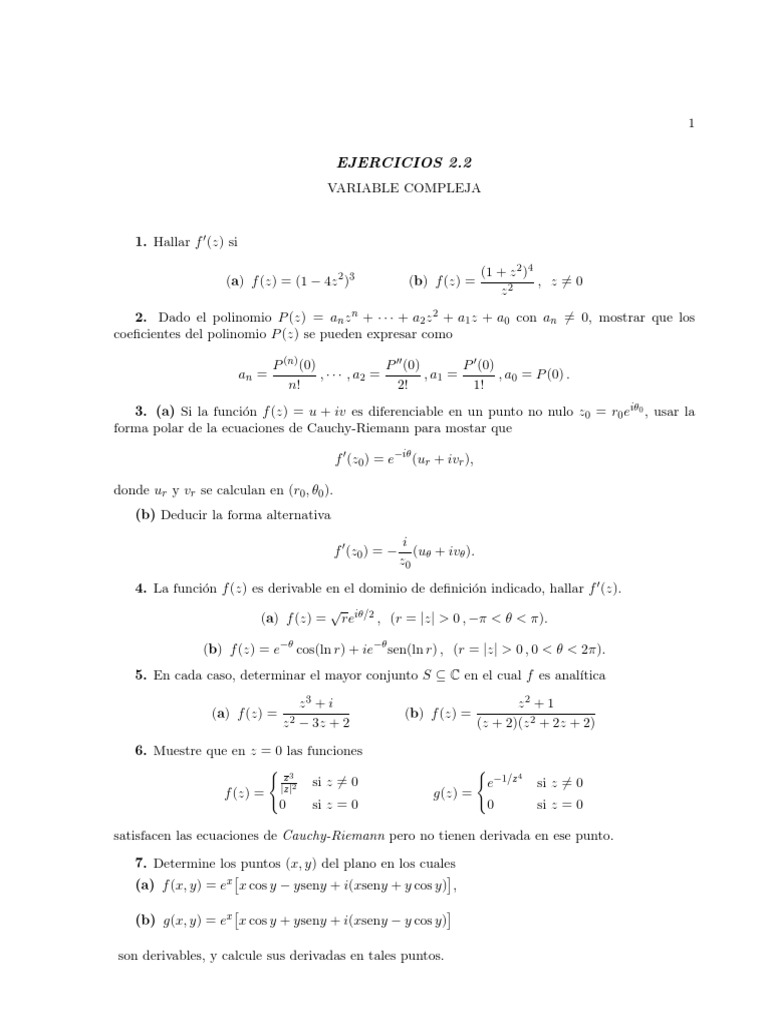 Ejercicios Variable Compleja 2.2 | PDF | Derivado | Función (Matemáticas)