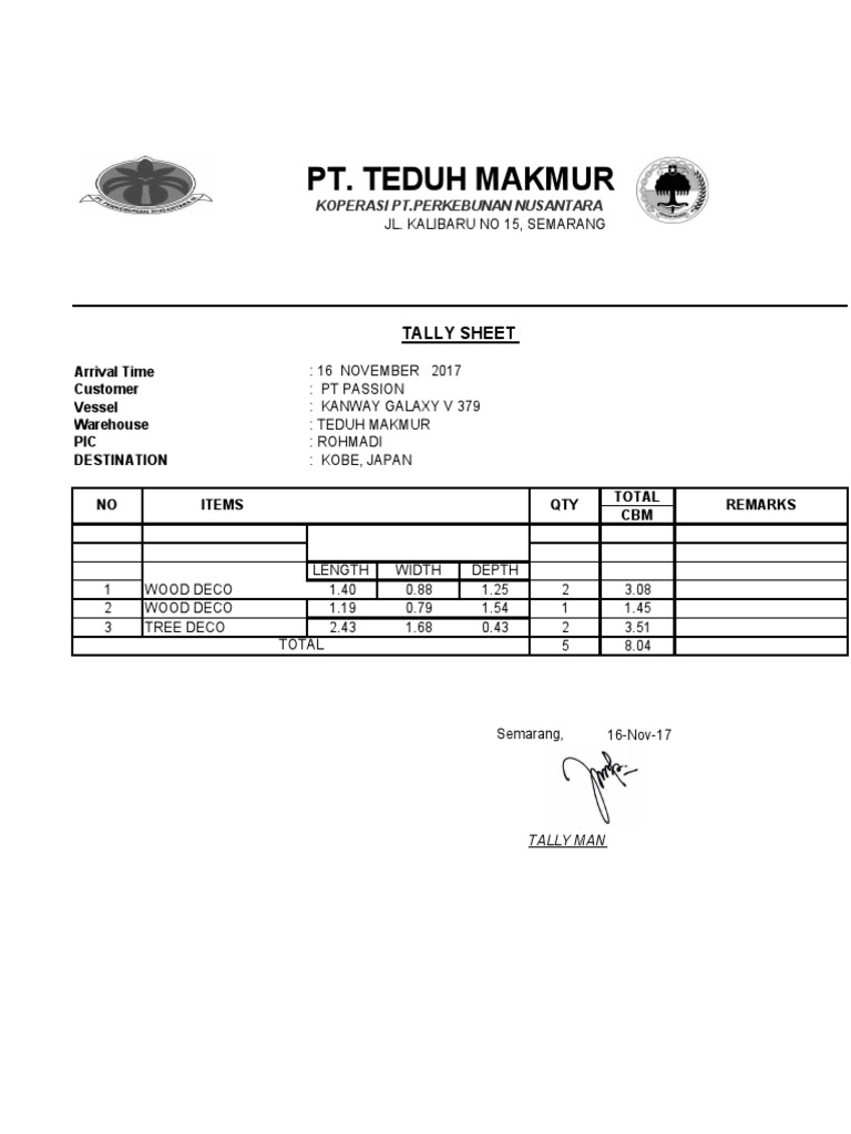 Pt. Teduh Makmur: Tally Sheet | PDF