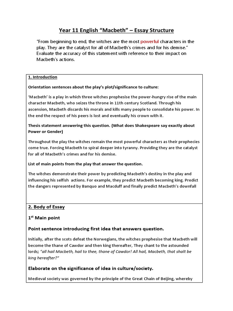 Year 11 English - Essay Structure Complete | PDF | Macbeth