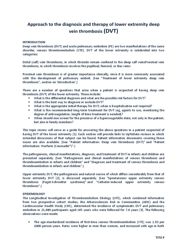 Approach To The Diagnosis and Therapy of Lower Extremity Deep Vein ...