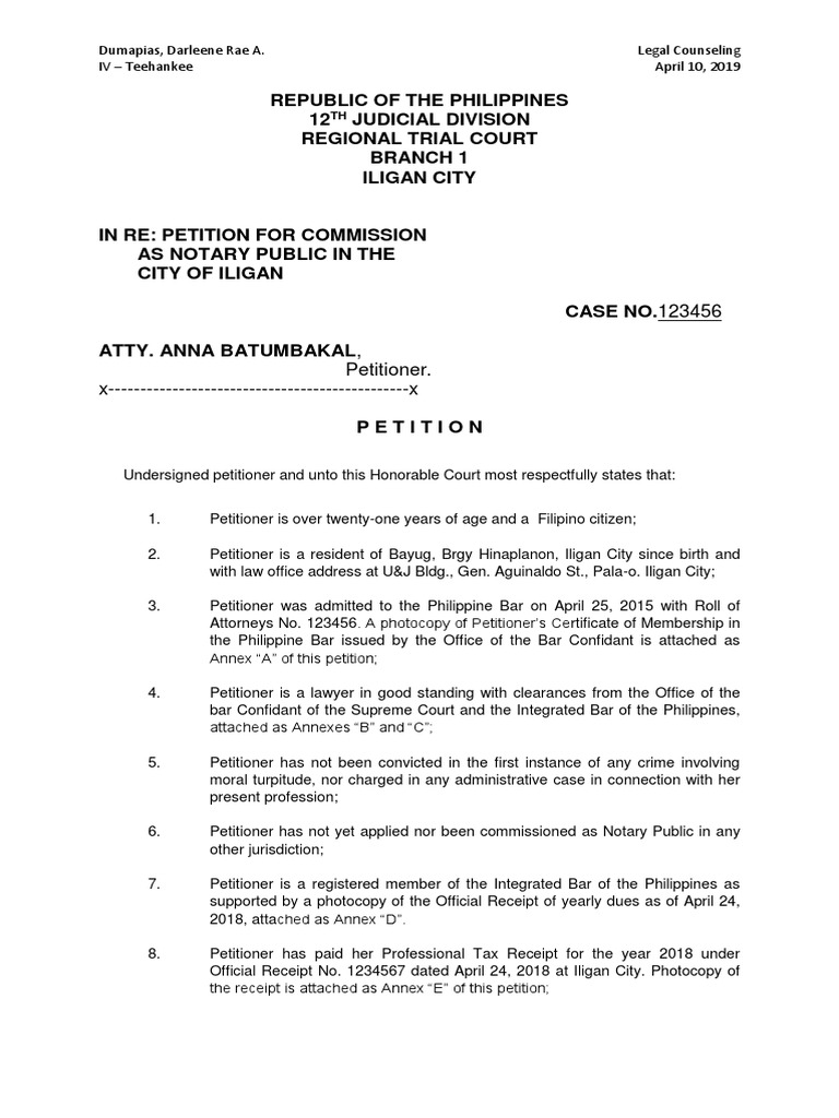Petition For Notarial Commission | PDF | Notary Public | Lawyer