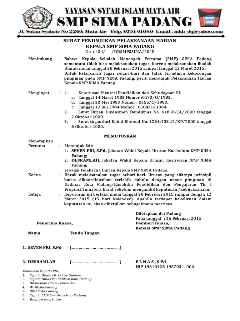 Surat Penunjukan PLH Kepala Sekolah | PDF
