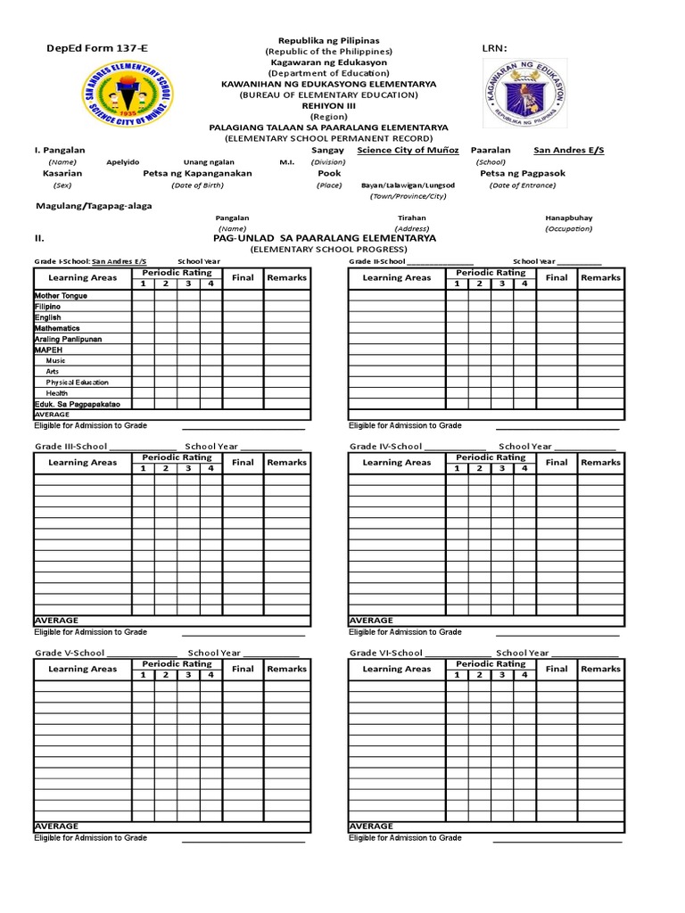 Form 137-E - Grade 1 | PDF | Primary Education | Academia