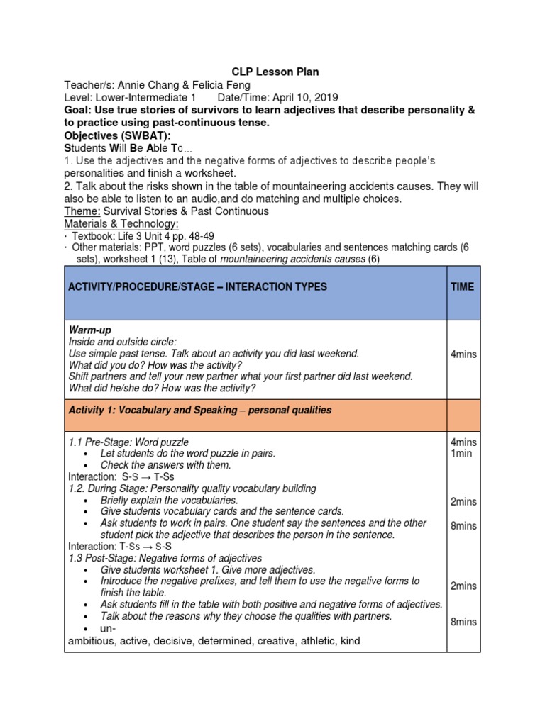 CLP Lesson Plan: Activity/Procedure/Stage - Interaction Types Time ...