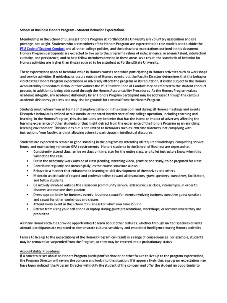PSU Code of Student Conduct: School of Business Honors Program ...
