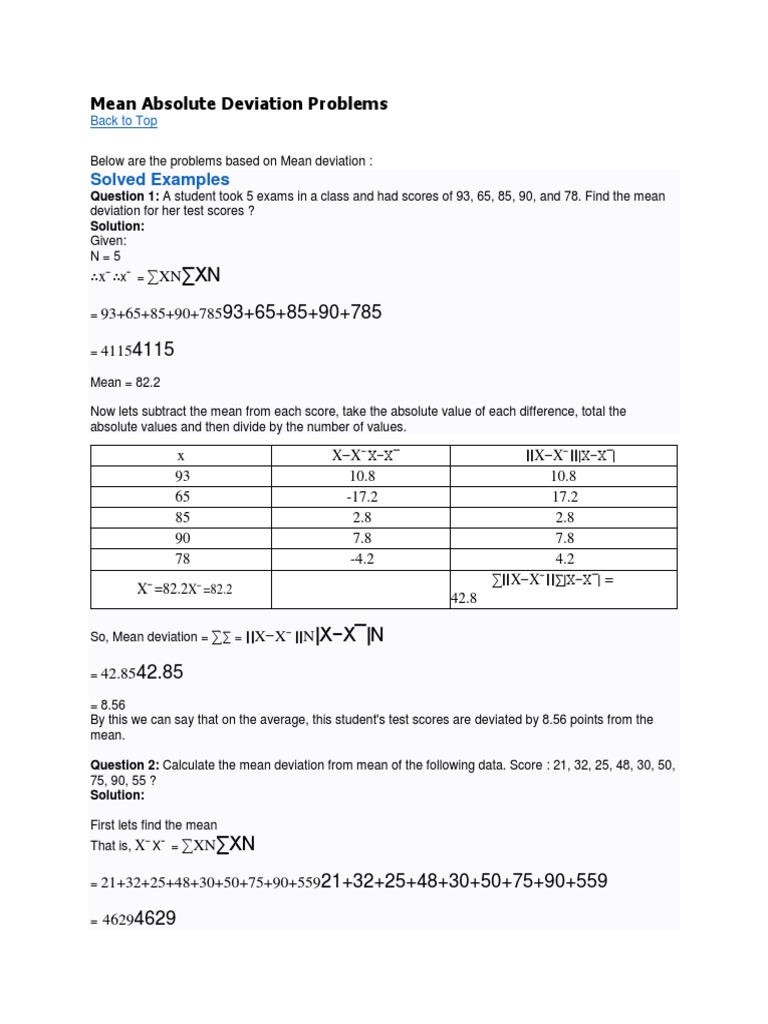Mean Absolute Deviation Problems | PDF | Mean | Average