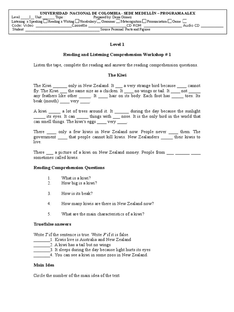 Level 1 Reading and Listening Comprehension Workshop # 1 | PDF