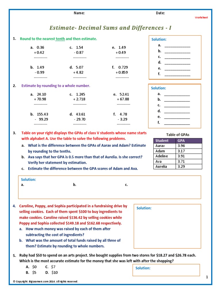 Estimate Decimal Sums and Differences I | PDF | Teaching Mathematics ...