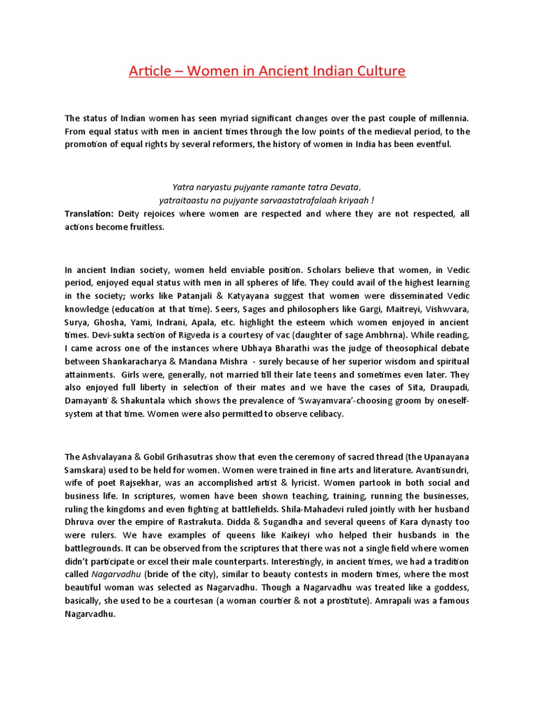 Women in Ancient Indian Culture | PDF