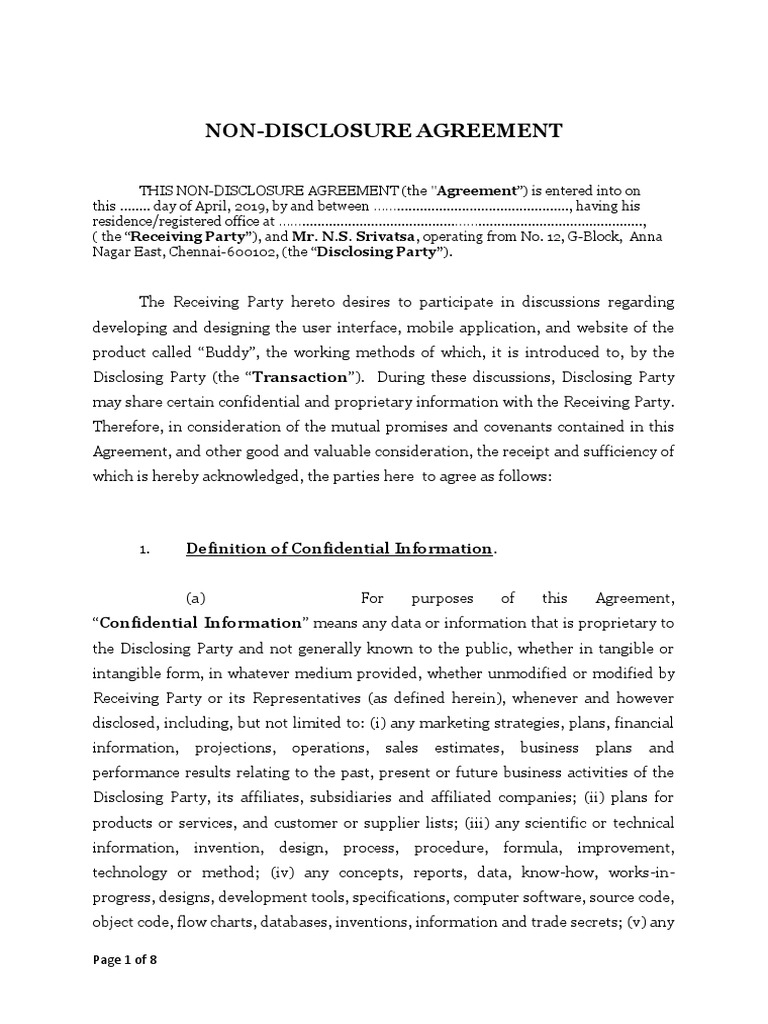 Non-Disclosure Agreement: Definition of Confidential Information | PDF ...