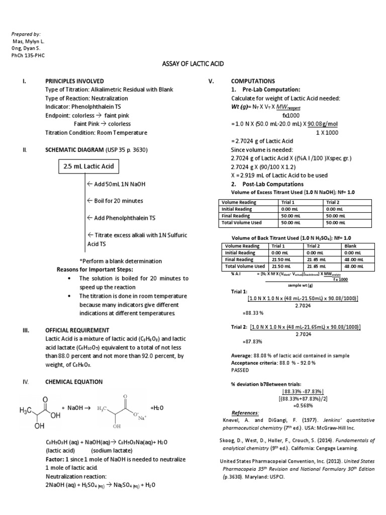 Lactic Acid Assay by Titration Method | PDF | Titration | Chemistry