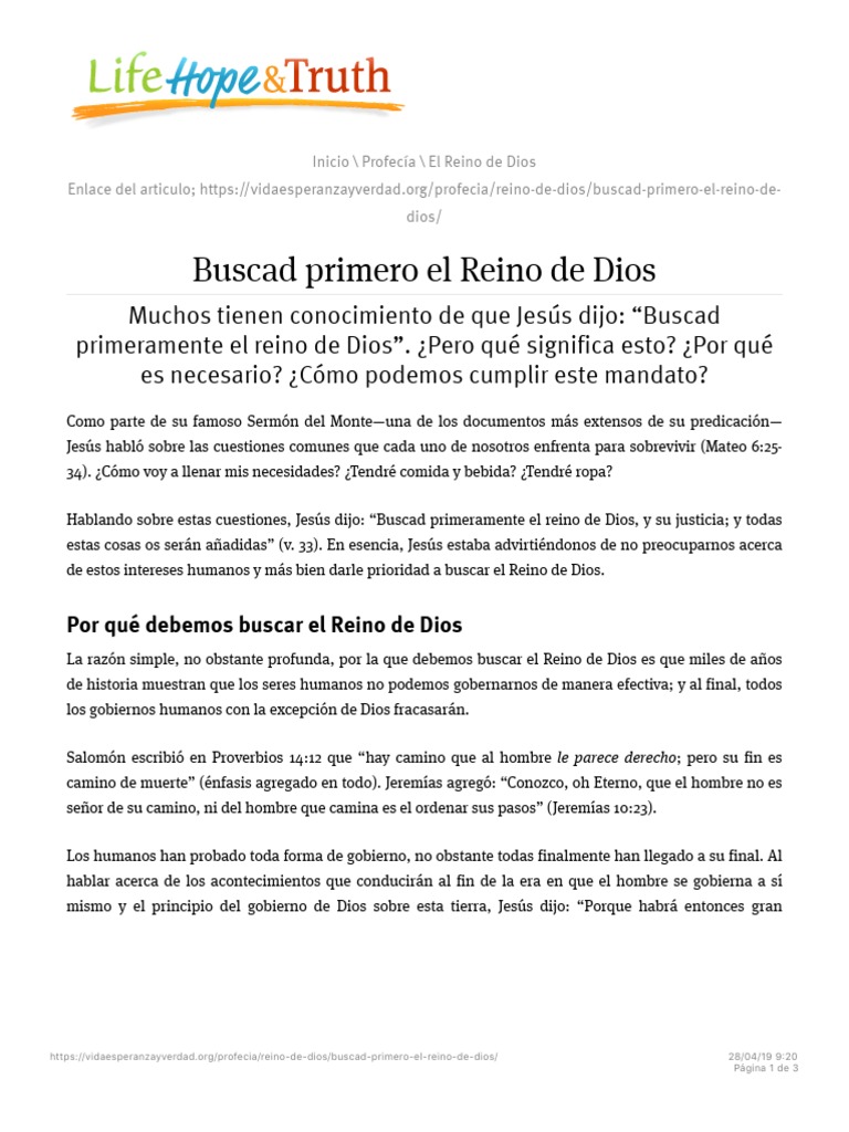 Buscad Primero El Reino de Dios - Vida Esperanza y Verdad | PDF ...