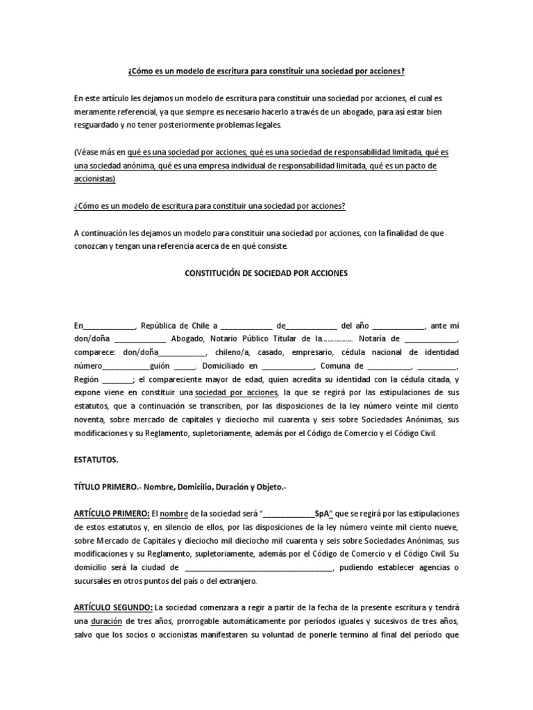 Cómo Es Un Modelo de Escritura para Constituir Una Sociedad Por Acciones | PDF | Sociedad de ...