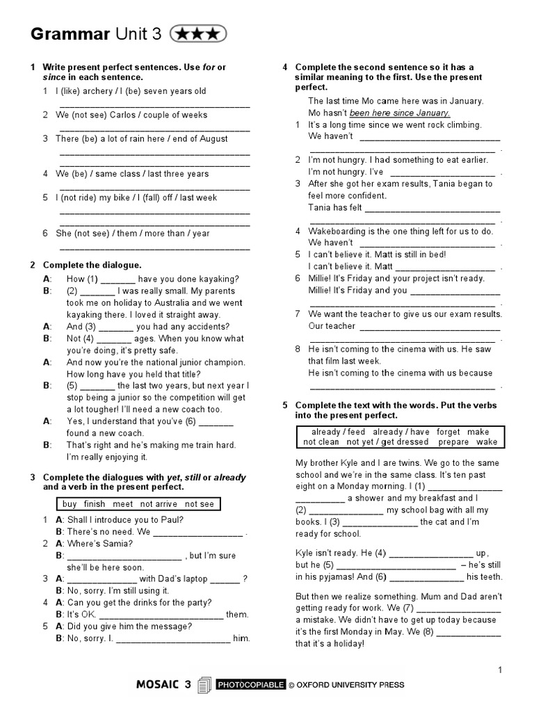 Grammar Unit 3: Present Perfect Tenses and Completing Dialogues and ...