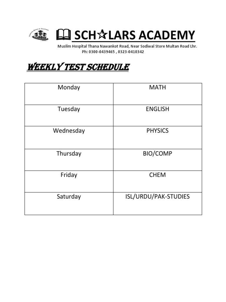 Weekly Test Schaduale | PDF