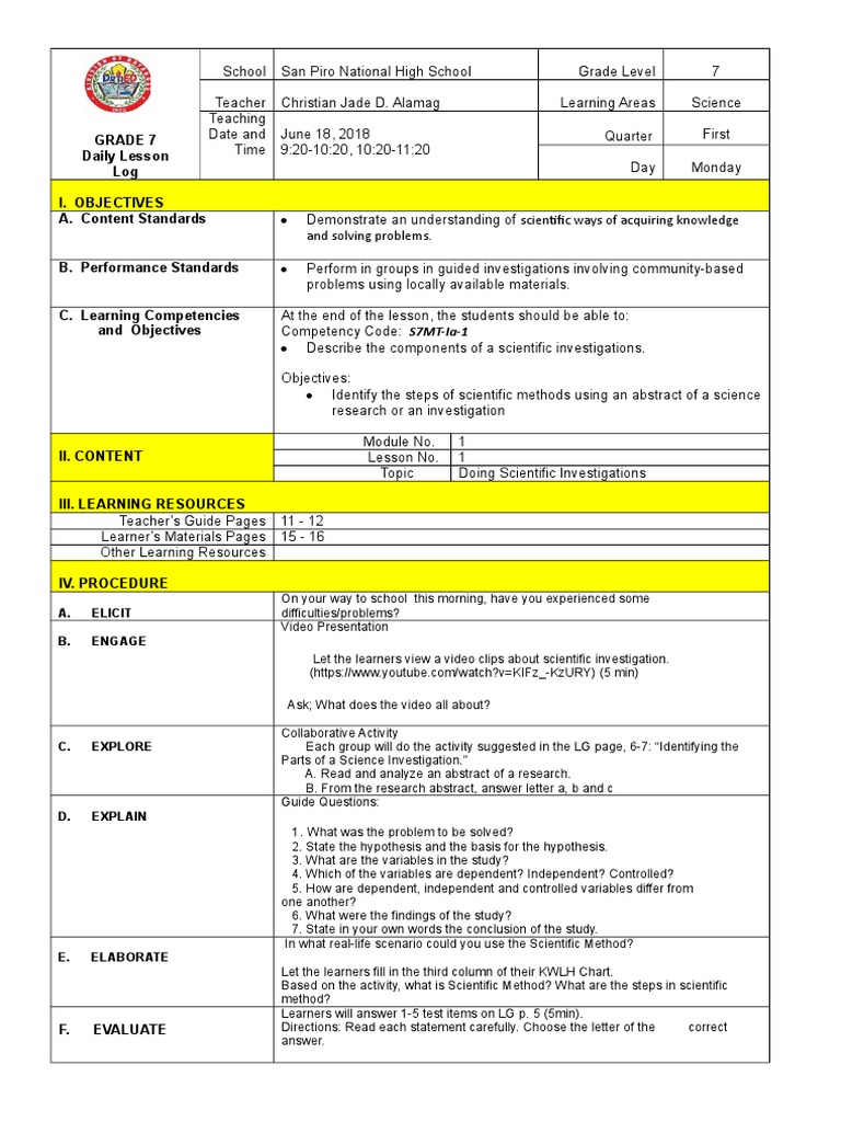 DLL-G7 First Quarter Lesson 1 | PDF | Scientific Method | Experiment
