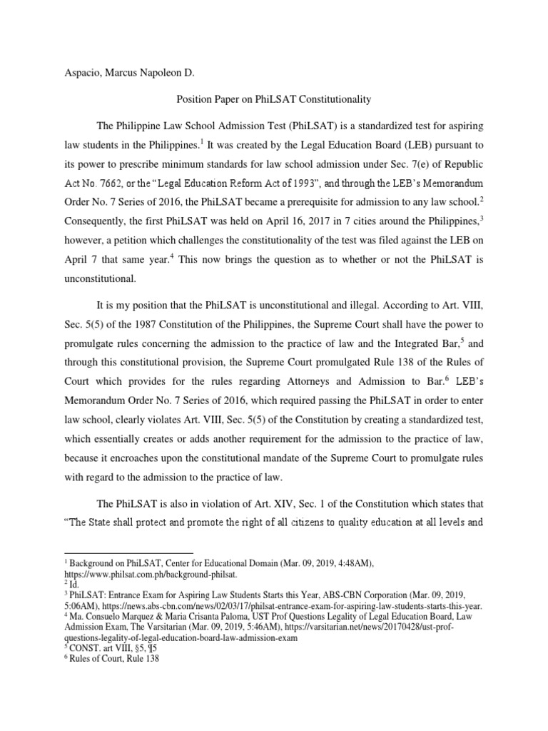 Position Paper On PhiLSAT Constitutionality - ASPACIO | PDF | Law School | Constitutionality